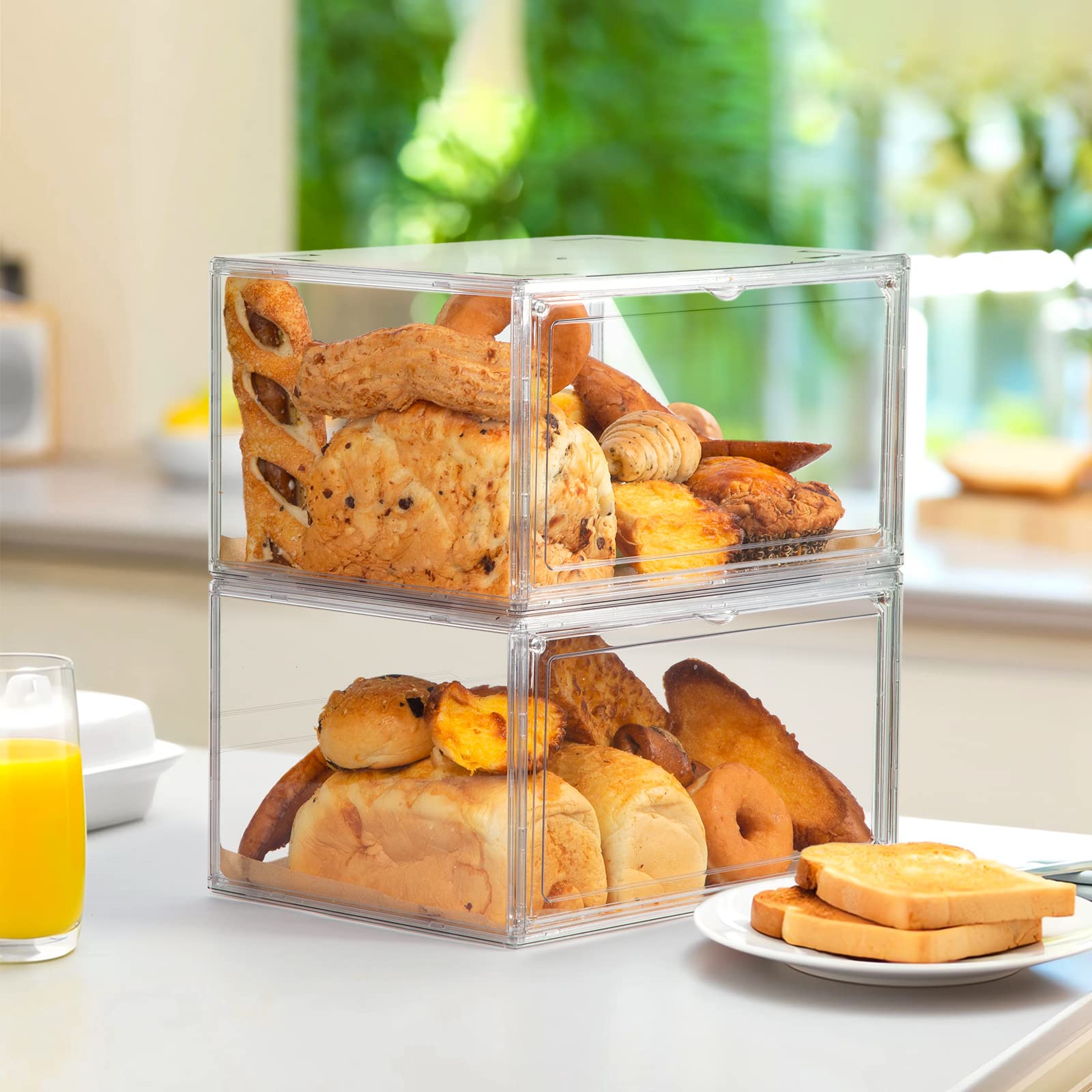 GROPKNIO 2pcs Large Bread Box Kitchen Countertop upgraded - Large Capacity Transparent Bread Rack Storage Box, 20 Sheets of Greaseproof paper-Stackable Double-Layer Bread Pantry Storage Container