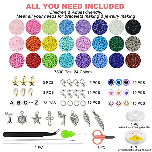 Redtwo 8000pcs 3mm Glass Seed Beads for Bracelet Making Kit, Small Beads Friendship Jewelry Making Kit, Tiny Waist Beads Kit with Letter Beads and Elastic String, DIY Art Craft Girls Gifts