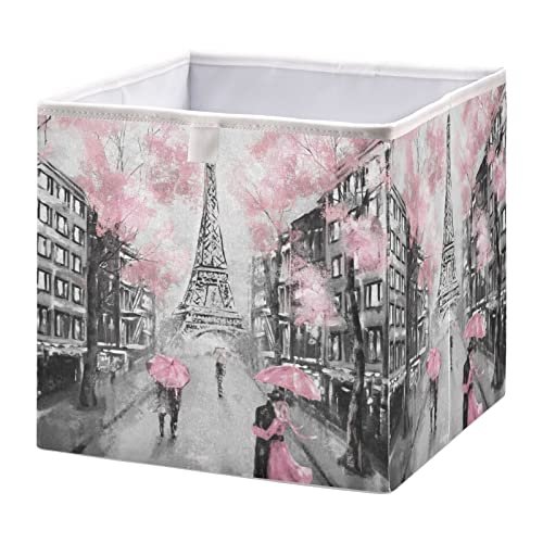 WELLDAY Storage Basket Pink Paris Tower Foldable 11 x 11 x 11 in Cube Storage Bin Home Decor Organizer Storage Baskets Box for Toys, Books, Shelves, Closet, Laundry, Nursery