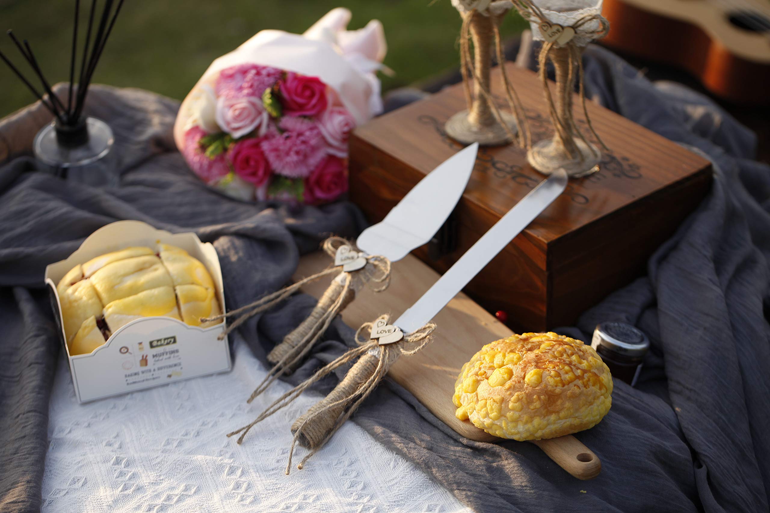 Rustic Wedding Cake Knife and Server Set-ULA Natural Burlap Twine Handle Wood Heart Cutlery for Wedding Gift,Cake Cutting Set for Wedding Rustic Wedding Decor (Burlap)