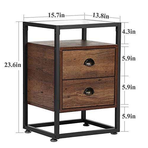 VECELO End Table, Modern Nightstand with Drawer, Night Stand Set of 2 for Bedroom Living Room,Tempered Glass, Brown/2pcs
