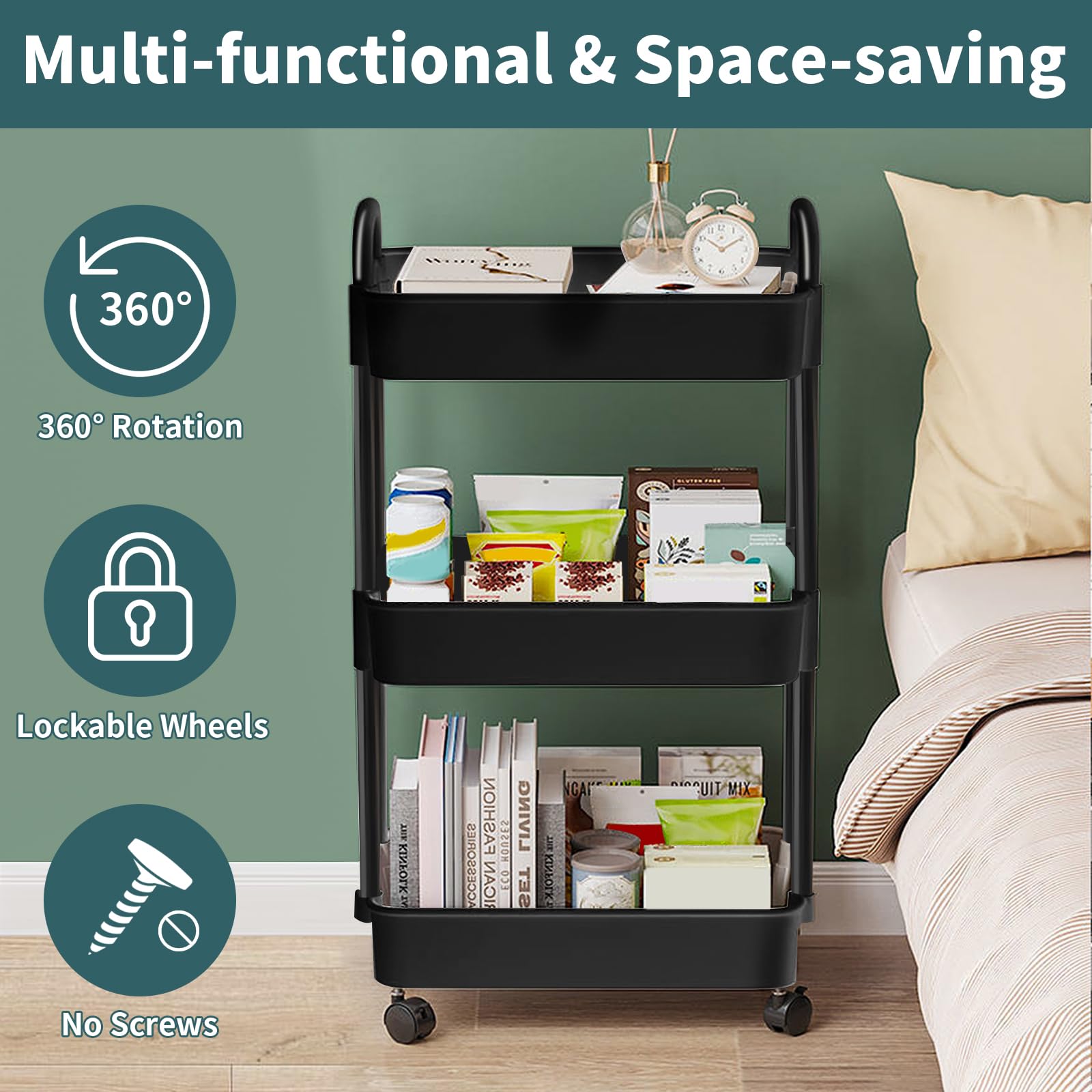 EZ Cozy 3 Tier Rolling Cart, Plastic Rolling Utility Cart with Wheels, Laundry Room Organization, Rolling Storage Cart Organizer, Easy Assemble Bathroom Organizer for Kitchen, Room, Office (Black)