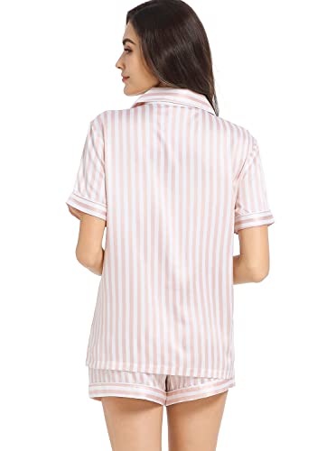 Serenedelicacy Women's Satin Pajama Set 2-Piece Sleepwear Loungewear Button Down Short Sleeve PJ Set (Medium, Light Pink/Ivory, Stripe)
