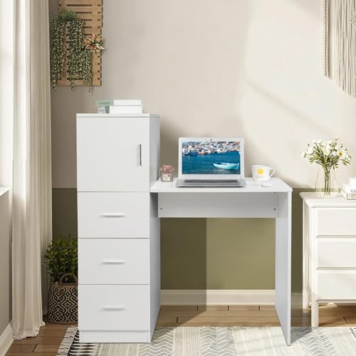 Karl home Computer Desk with Bookshelf, Small Desk Ideal for Home Office, Wood Construction Office Desk with Drawers and Built-in Charge Station for Bedroom, Kids Room, Manicure Table (White)
