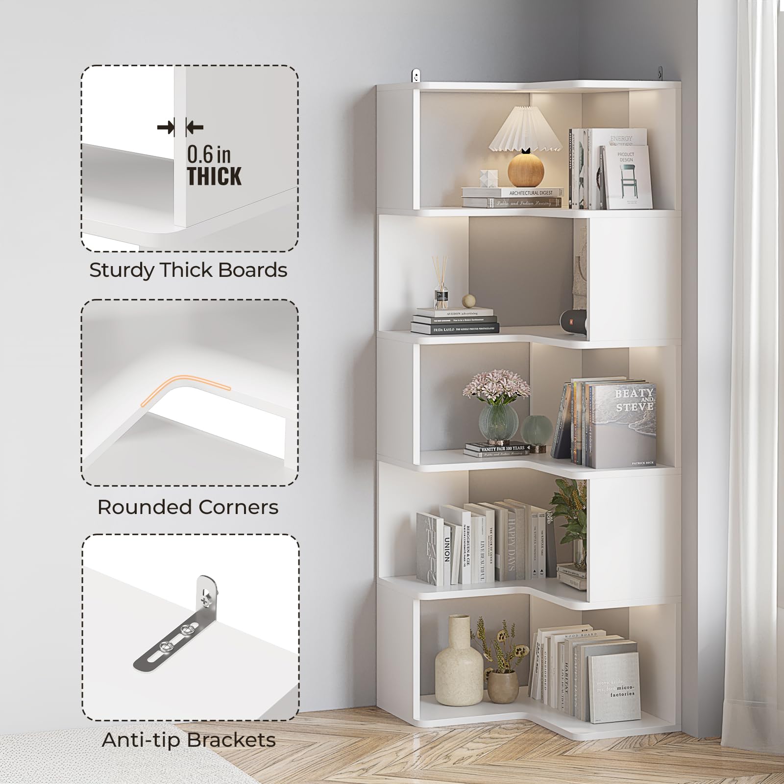 Karl home Corner Rack,64.96" Bookshelf with Anti-Drop Panel,Modern Shelf Display Rack Storage,Wooden Open Display Shelving Storage Rack,for Bedroom,Living Room,Small Space,Home Office,Bar,White