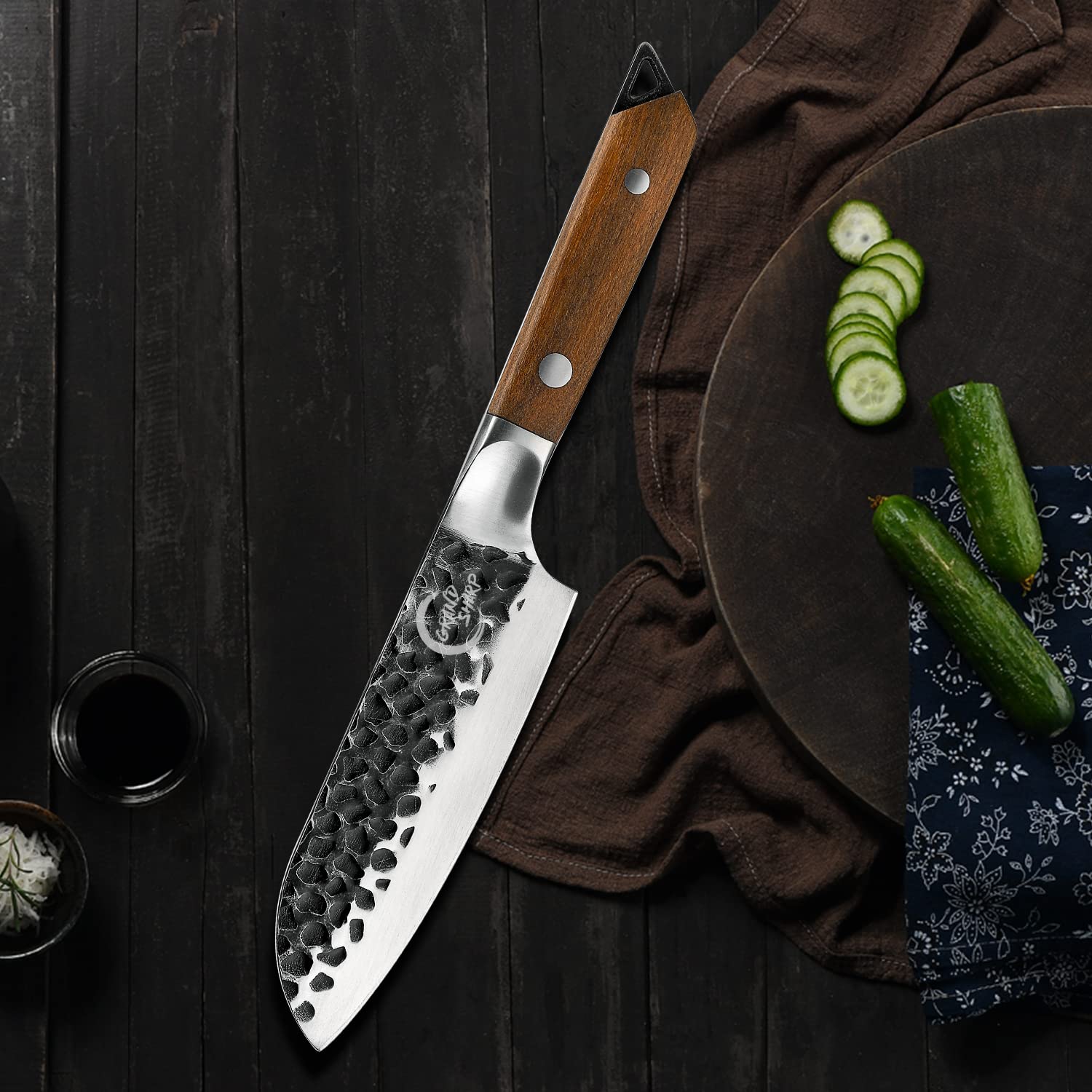 Momo's House 5 Inch Santoku Knife and 3 Inch Small Paring Knife with Ergonomic Ebony Handle - Sharp Forged Carbon Steel Handmade Fruit Kitchen Knives with Elegant Gift Box and Sheaths, 2Pcs