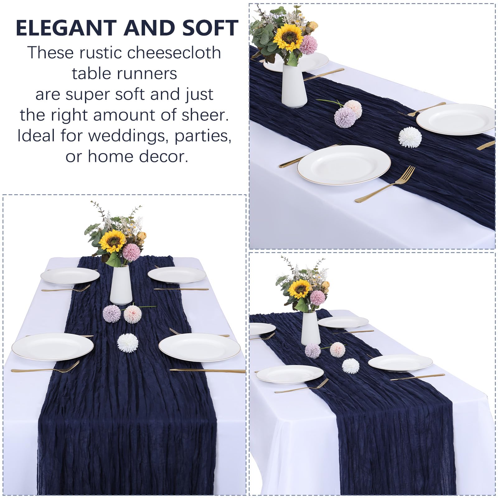 RestfulGlow 6 Pack Navy Blue Cheesecloth Table Runner 10FT Boho Gauze Fabric Table Runner 35 x 120 Inch Rustic Sheer Runner for Wedding Birthday Baby Shower Party Boho Table Decoration(Navy Blue)