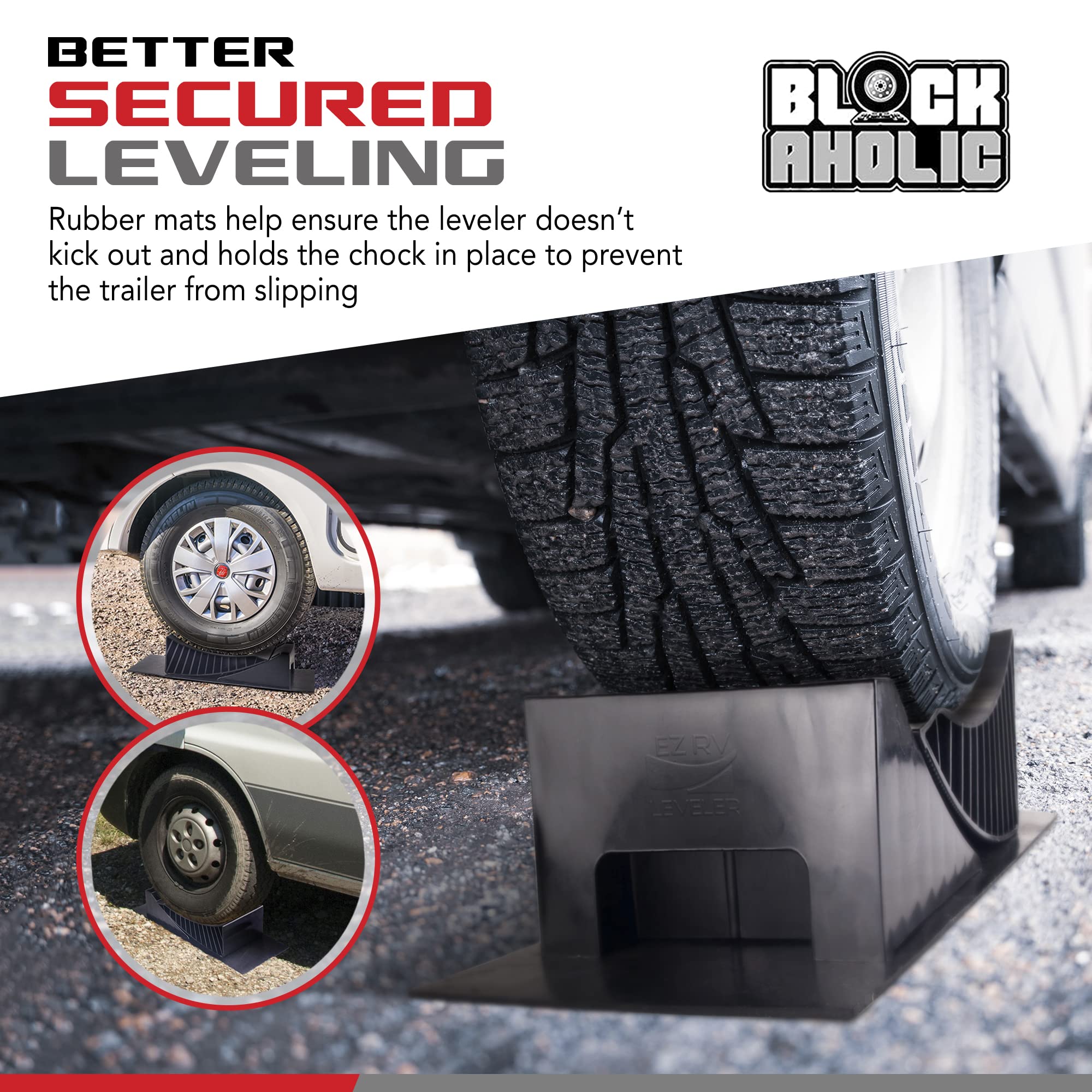 EZ RV Leveler - Curved Leveling Ramp with Chocks and Rubber Mat - RV Trailer Camper Leveling Blocks - 2 Pack for Tandem Axle Campers