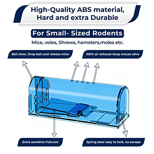 Humane Mouse Traps Indoor for Home/Outdoor, Live Catch and Release Mice Traps, No Kill Mouse Catcher, Easy to Set and Reusable Humane Trap, Safe for Families and Pets 4 Pack Blue