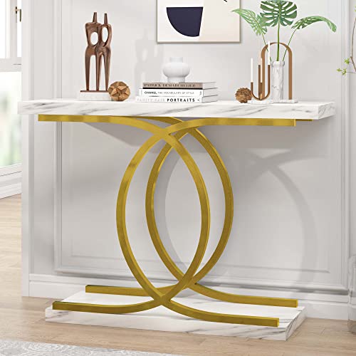 PAKASEPT Console Table with Gold Base, 40 inch White Faux Marble Narrow Entryway Table Foyer Table for Living Room, Entryway, Hallway, Entrance