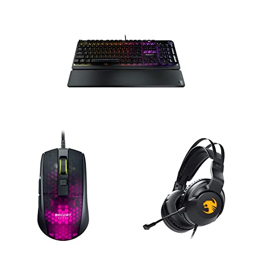 ROCCAT Pyro Mechanical Gaming Keyboard with RGB Lightning, Black (ROC-12-622) Burst Pro Lightweight Optical Gaming Mouse & ROCCAT Elo 7.1 USB Wired Surround Sound PC Gaming Headset