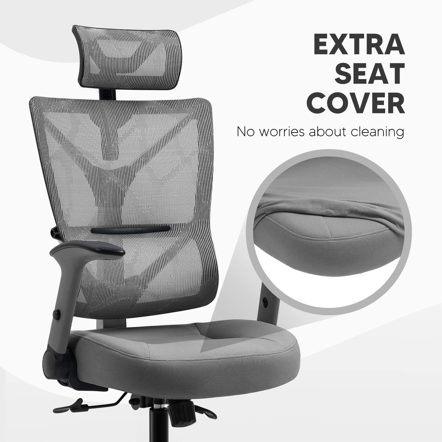 Ergonomic Mesh Office Chair - High Back Home Office Desk Chairs with Adjustable Headrest, 2D Flip-up Arms, Lumbar Support, Tilt Function and Rubber Wheels - Ergonomic Design for Back Pain,Gray