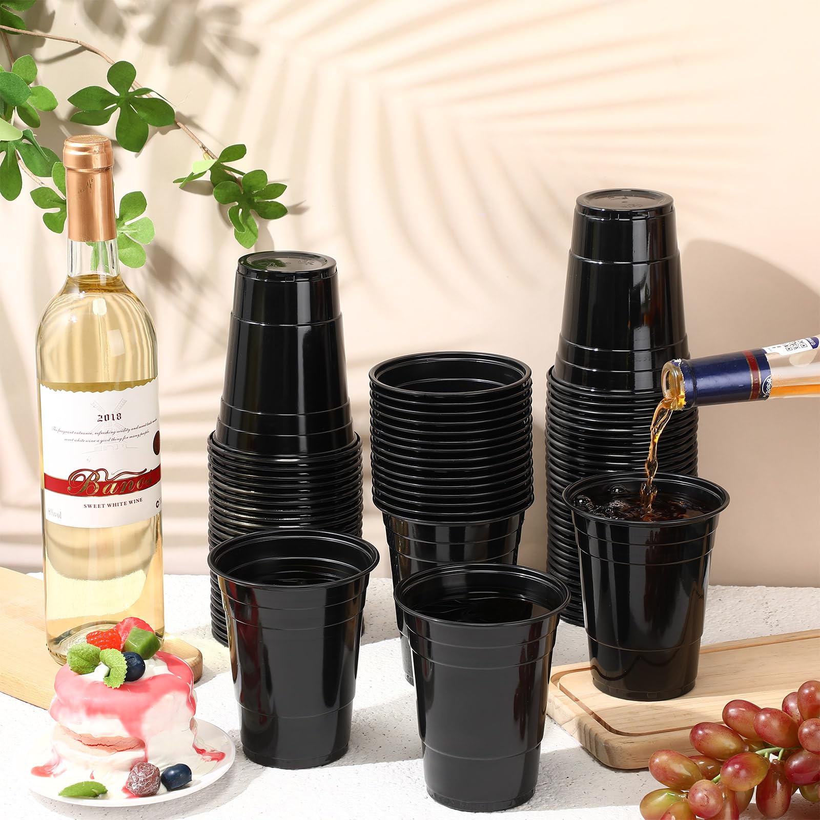 Lounsweer 100 Pack 16 oz Christmas Plastic Cups Party Supplies Cups Disposable Drinking Cups Water Cups for Graduation Wedding Birthday Beer Taste Serving Snack Sample Tastings Barbecues Picnic(Black)