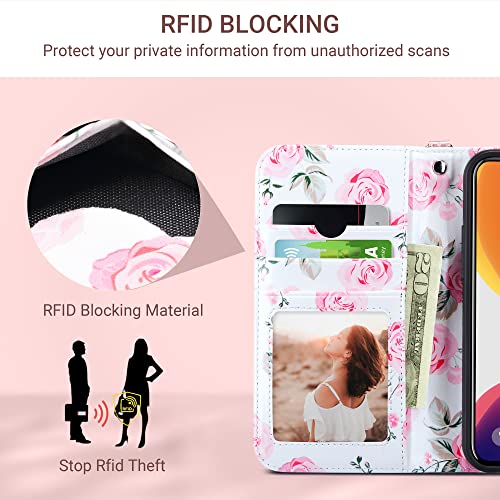 ULAK Compatible with iPhone 12 Wallet Case for Women, Premium PU Leather iPhone 12 Pro Flip Cover with Card Holder, Wrist Strap, Kickstand Shockproof Phone Case for iPhone 12/12 Pro 6.1, Rose Flower