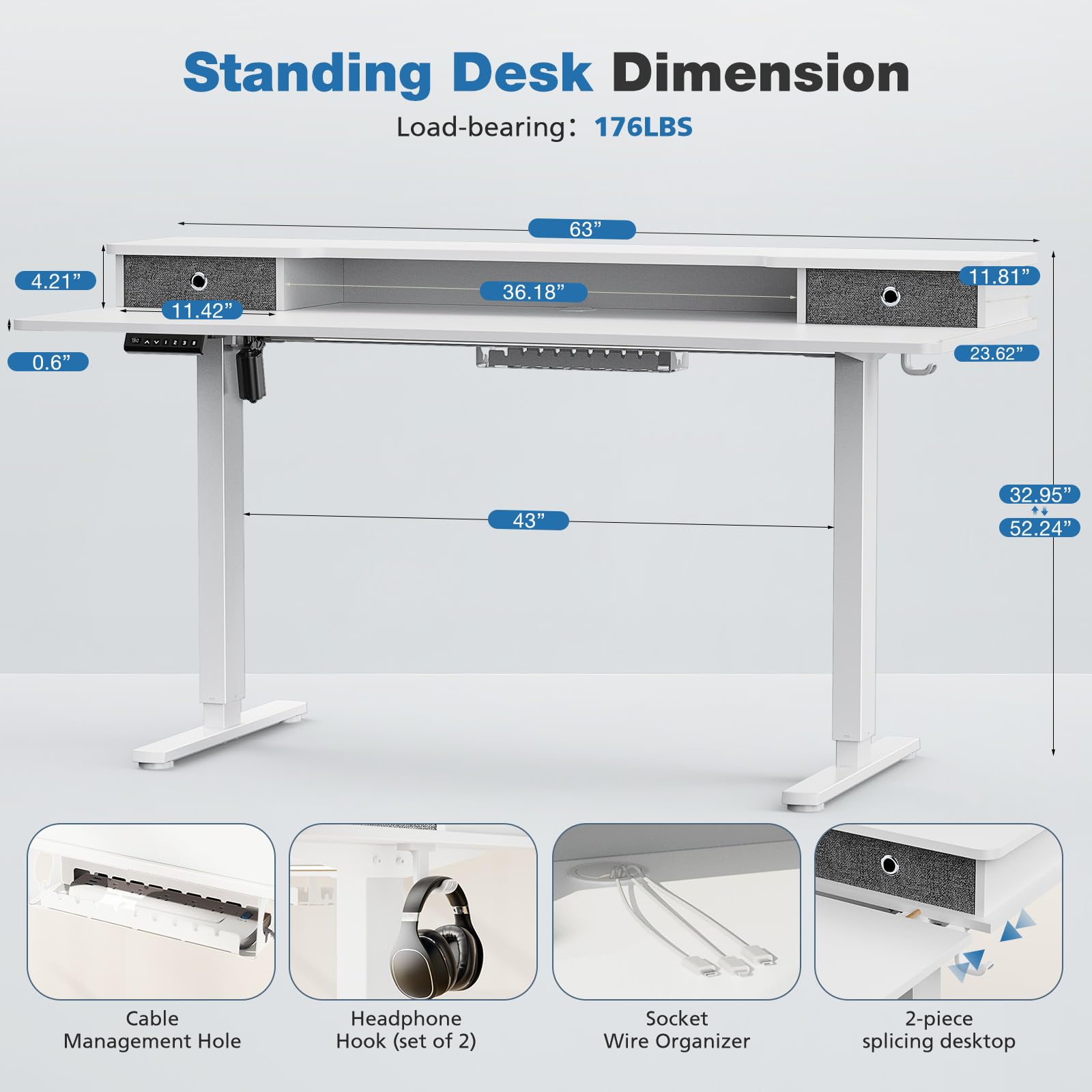 Electric Standing Desk with Double Drawer - 63 x 24 inch Adjustable Height Sit to Stand Up Desk with Storage Shelf, Rising Home Office Computer Table with Splice Board, 2 Hook and Wire Hole for Work