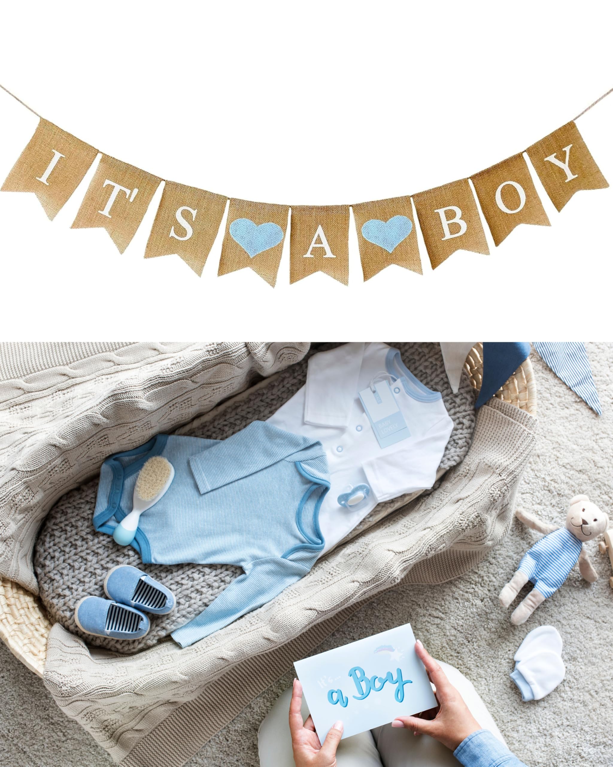 Shimmer Anna Shine It's a Boy Burlap Banner for Baby Shower Decorations and Gender Reveal Party (Light Blue Hearts)