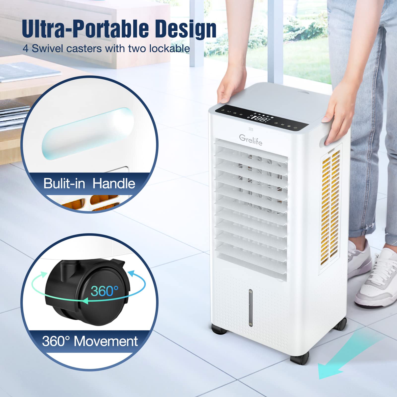 Grelife Evaporative Air Cooler, Portable Cooling Fan with 75° Oscillating, Humidifying, 1.58Gal Water Tank, 4 Ice Packs, Remote Control, 3 Speeds, Personal Swamp Cooler for Home Office