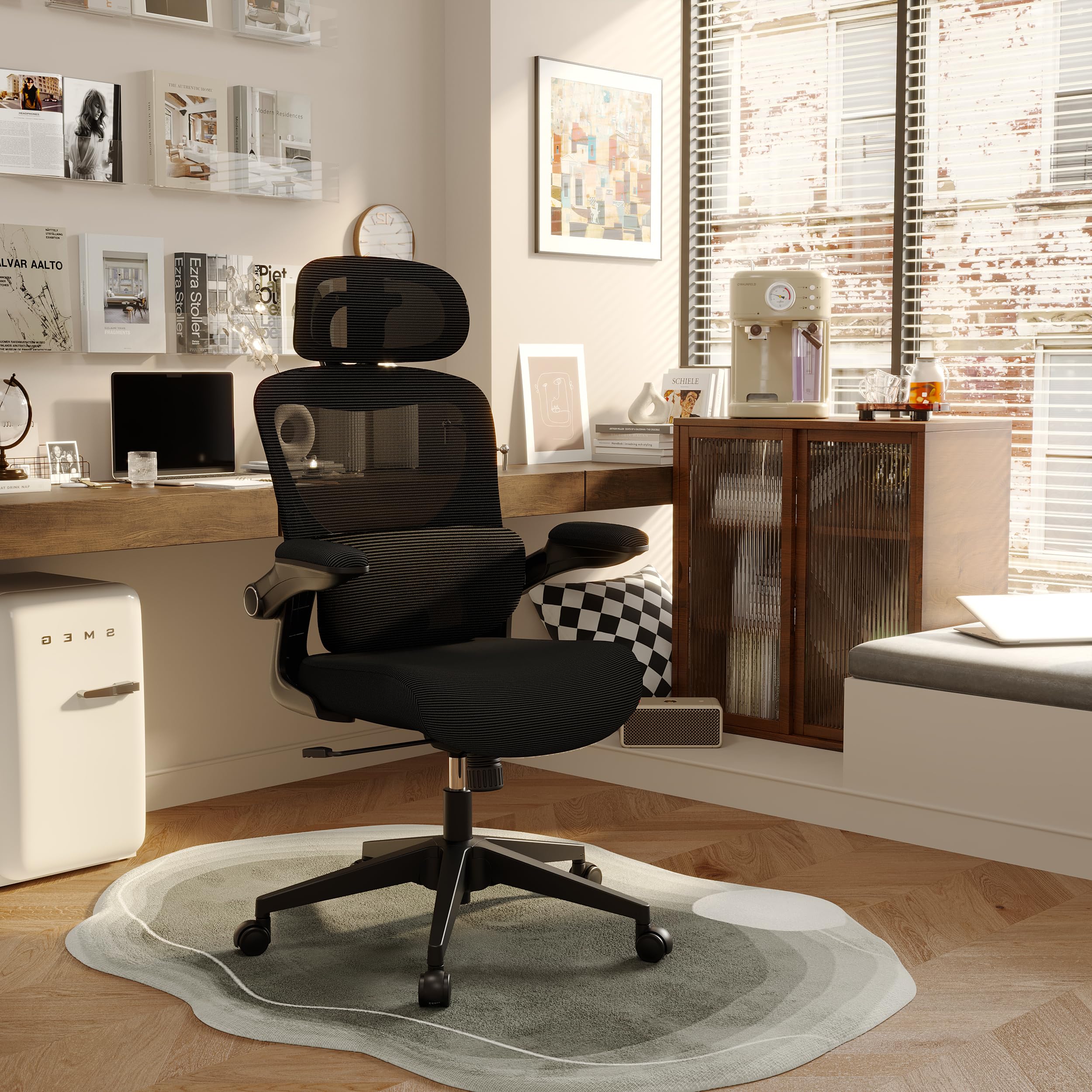 Ergonomic Office Desk Chair, High Back Mesh Chair with Flip-Up Arm, Headrest, Swivel Rolling Wheel, Adjustable Lumbar Support, Big and Tall Comfy Computer Gaming Task Chairs for Adults