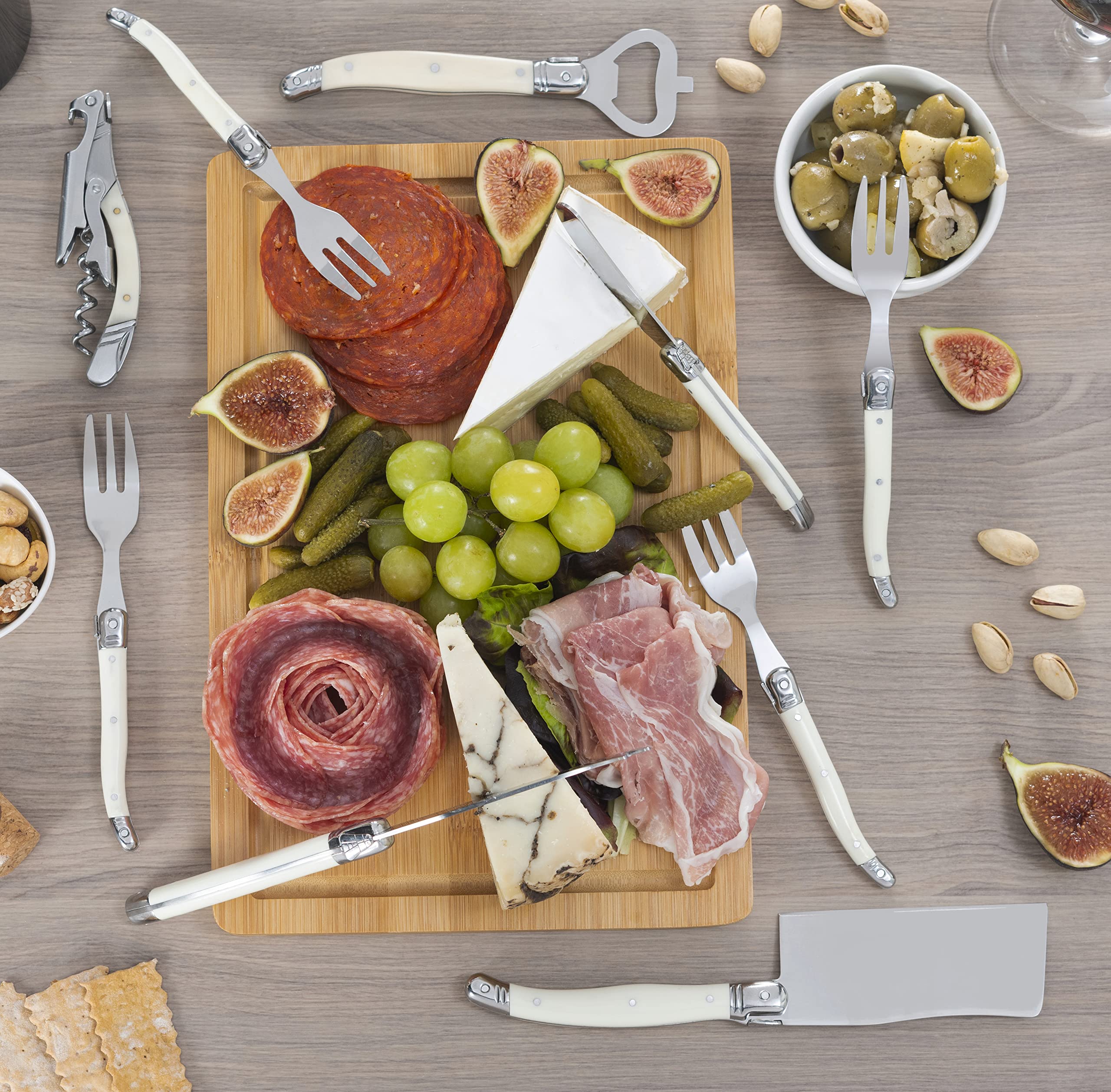 French Home Laguiole Charcuterie Serving Utensils Set of 9 β Kit w/Cleaver, Fork Set, barware & More β Cheese Serving Utensils w/Faux Ivory Handles for Parties