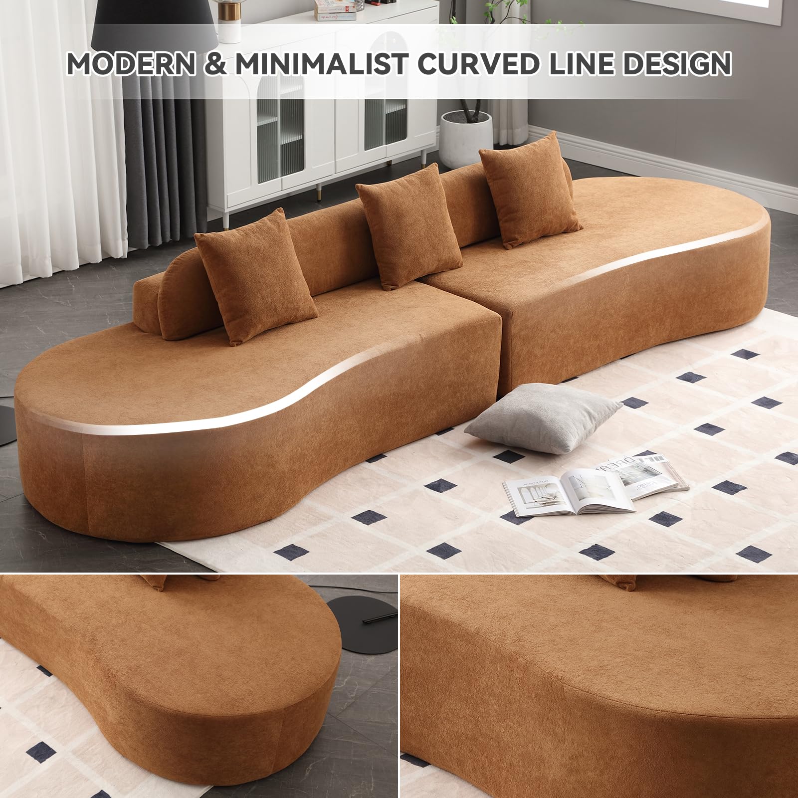 KarvinshCraft Curved Sectional Sofa, Modern Sectional Sofa with Terrycloth Fabric 4-Seater Oversized Curved Couch with 3 Pillows Modern Sofas for Living Room Apartment Bedroom Brown