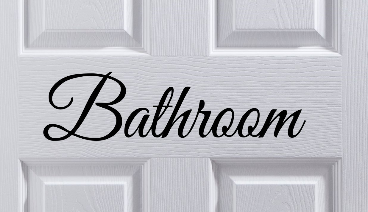 Rockmount Electronics - Bathroom - UV Resistant, Waterproof, Durable - Peel & Stick Wall Door Decor Decal Sticker Quote Vinyl Mural Art Script Vinyl Lettering - 9.5" x 3.25", Black