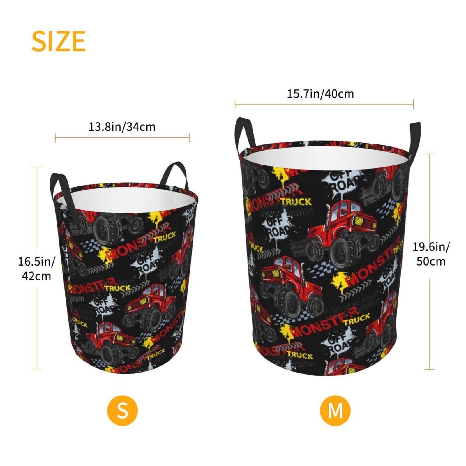 Grunge Monster Truck Cars Pattern Laundry Hamper With Handle Foldable Durable Laundry Basket Storage Bin Dirty Clothes Organizer Bag For Bedroom Bathroom Nursery