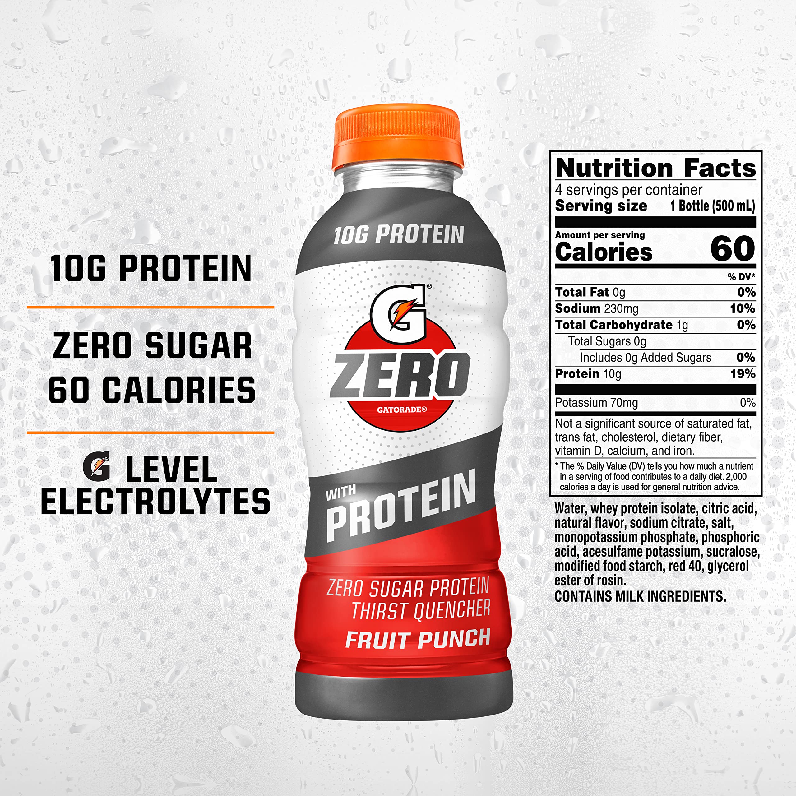 Gatorade Zero With Protein, 10g Whey Protein Isolate, Zero Sugar, Electrolytes, Fruit Punch, 16.9 Fl Oz, 12 Pack
