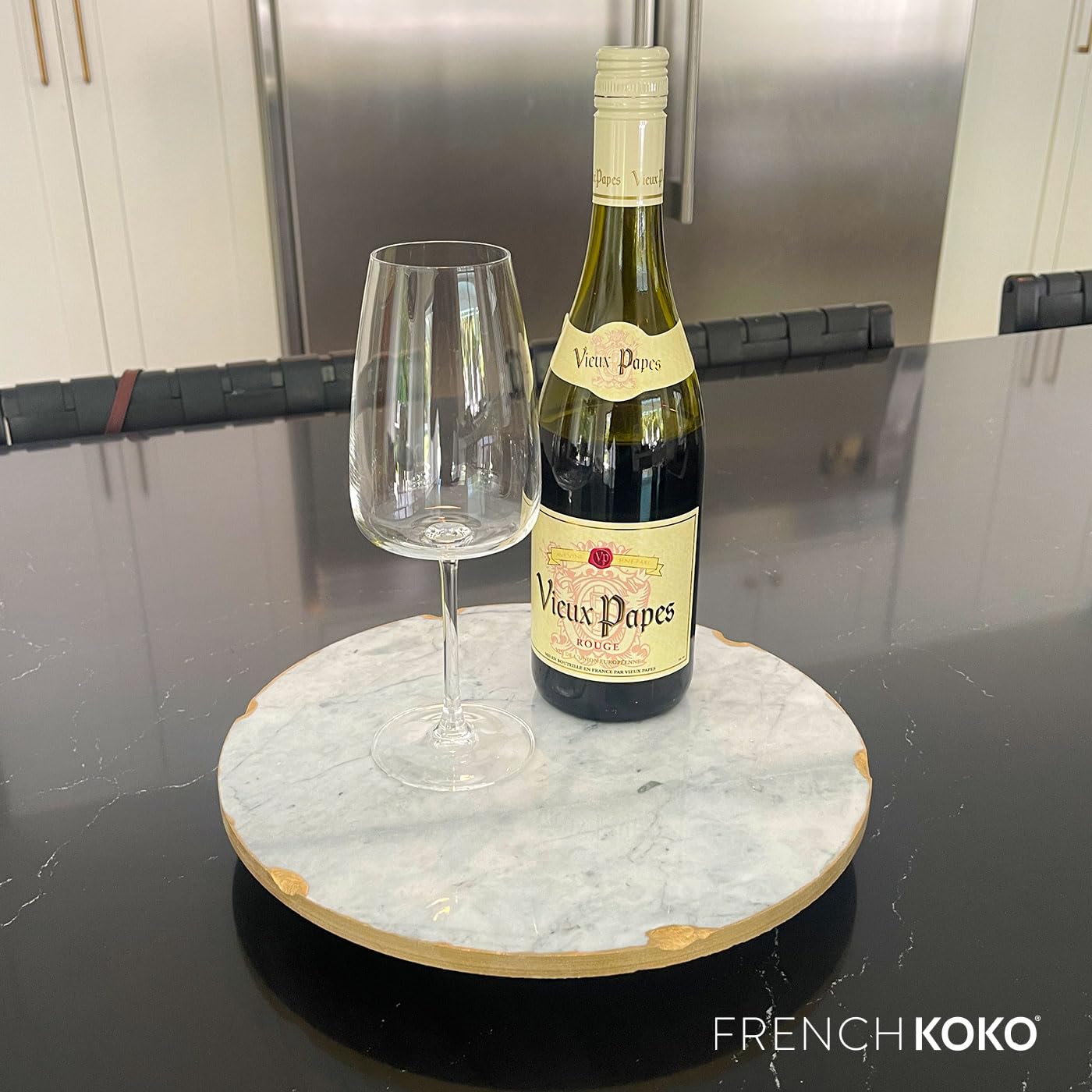 French KOKO 12-Inch Marble Stone Lazy Susan for Countertop with Gold Accent, White Marble Lazy Susan Turntable, Marble Spin Dining Set Tray Spin Slab Pastry Board 12"