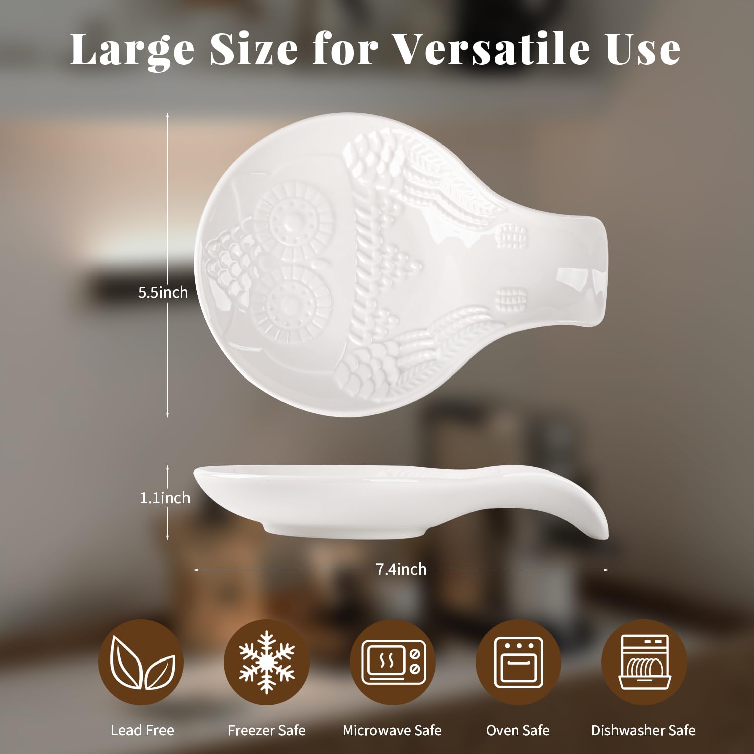 Katathani Ceramic Spoon Rest for Stove Top - Large Vintage Embossed Owl Shape Spoon Holder for Kitchen Counter,White Exquisite Coffee Spoon Rest, 1 Pack