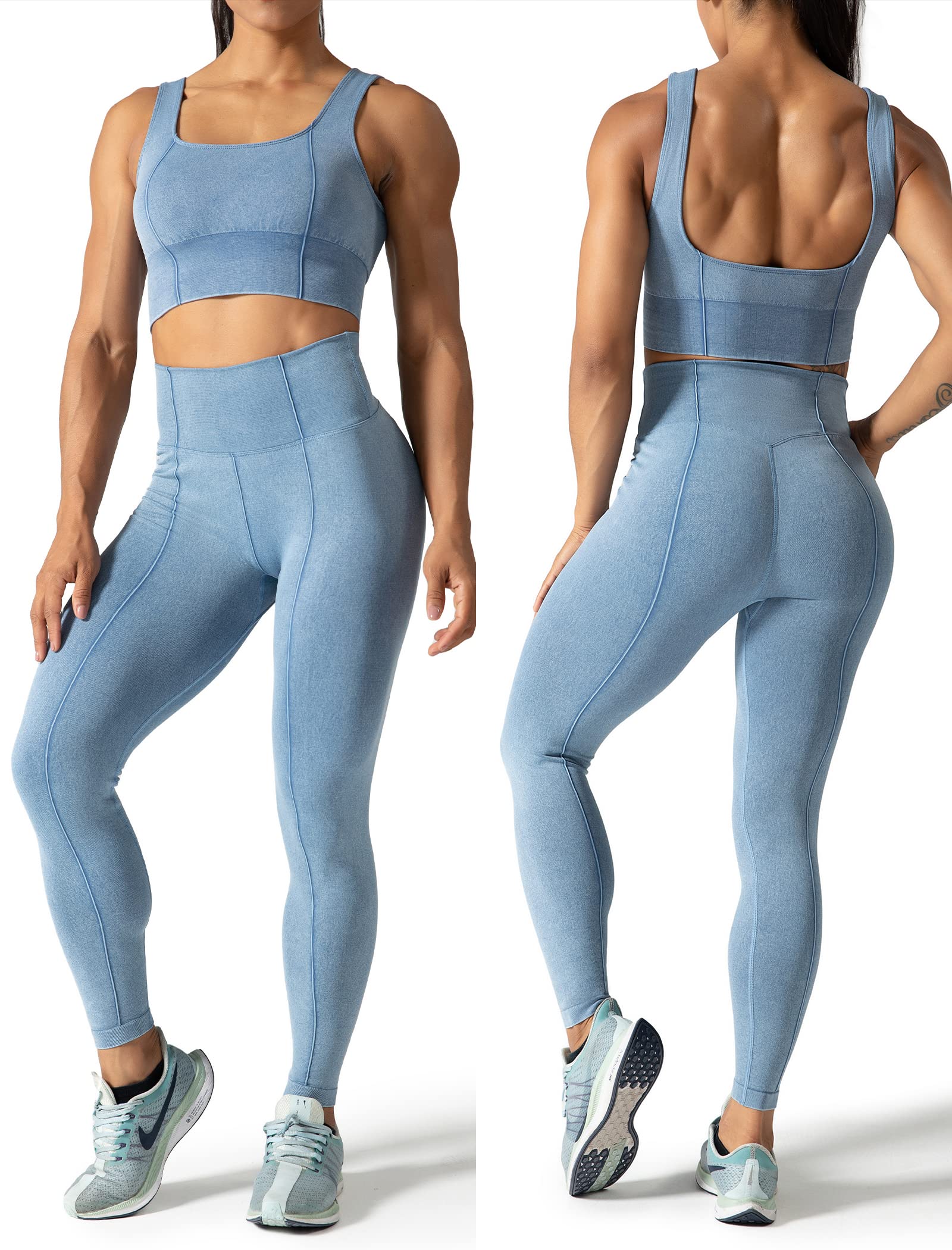 GYMTALENT Butt Lifting Scrunch Seamless Workout Sets for Women, High Waisted Yoga Sets, Butt Lifting Tummy Control Nostalgic Blue L