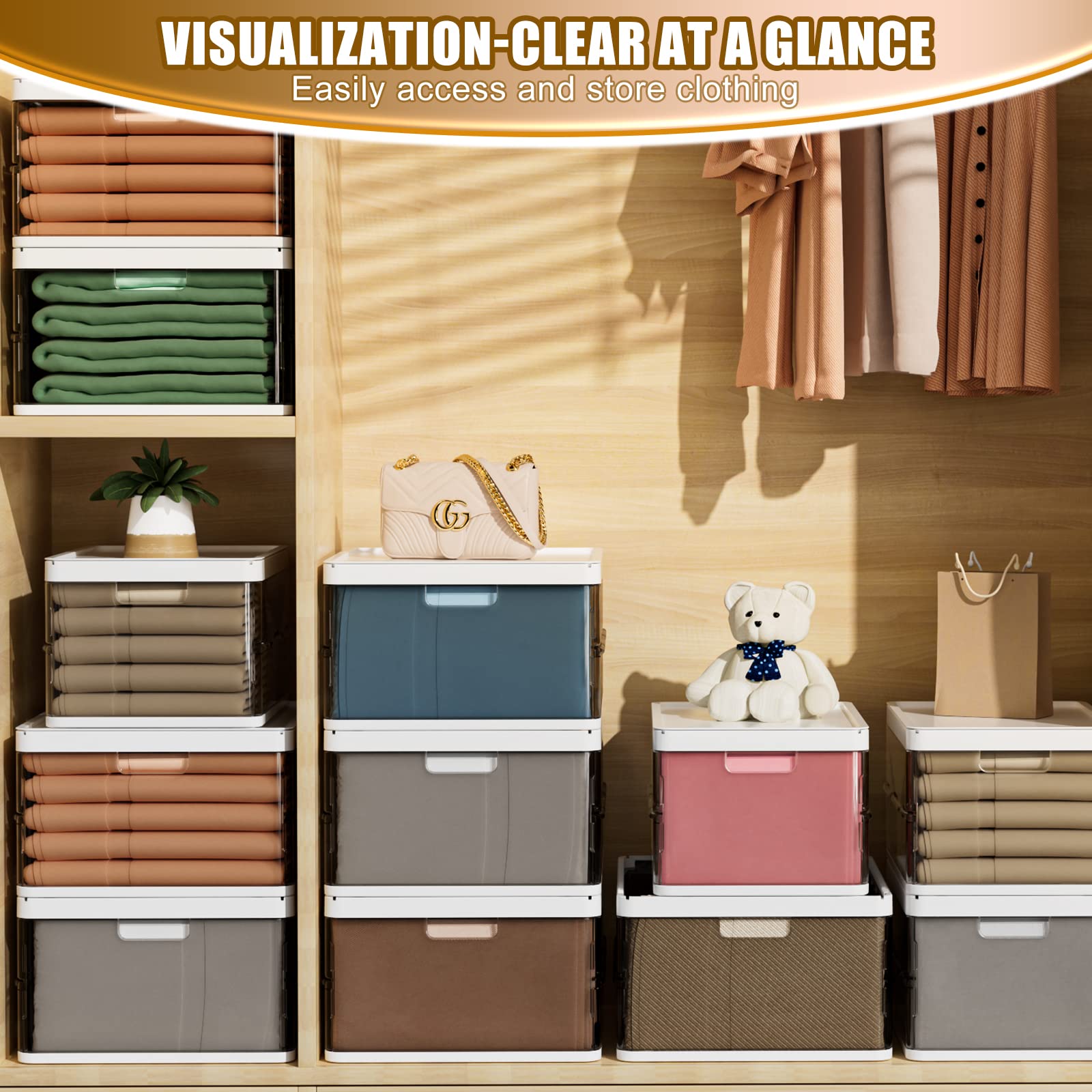 Gsiekare Closet Organizers and Storage, 4 Pack Storage Bin with 2 lids,Collapsible Totes for Storage, Plastic Stackable Storage Bins, Storage Drawers for Clothes Toys