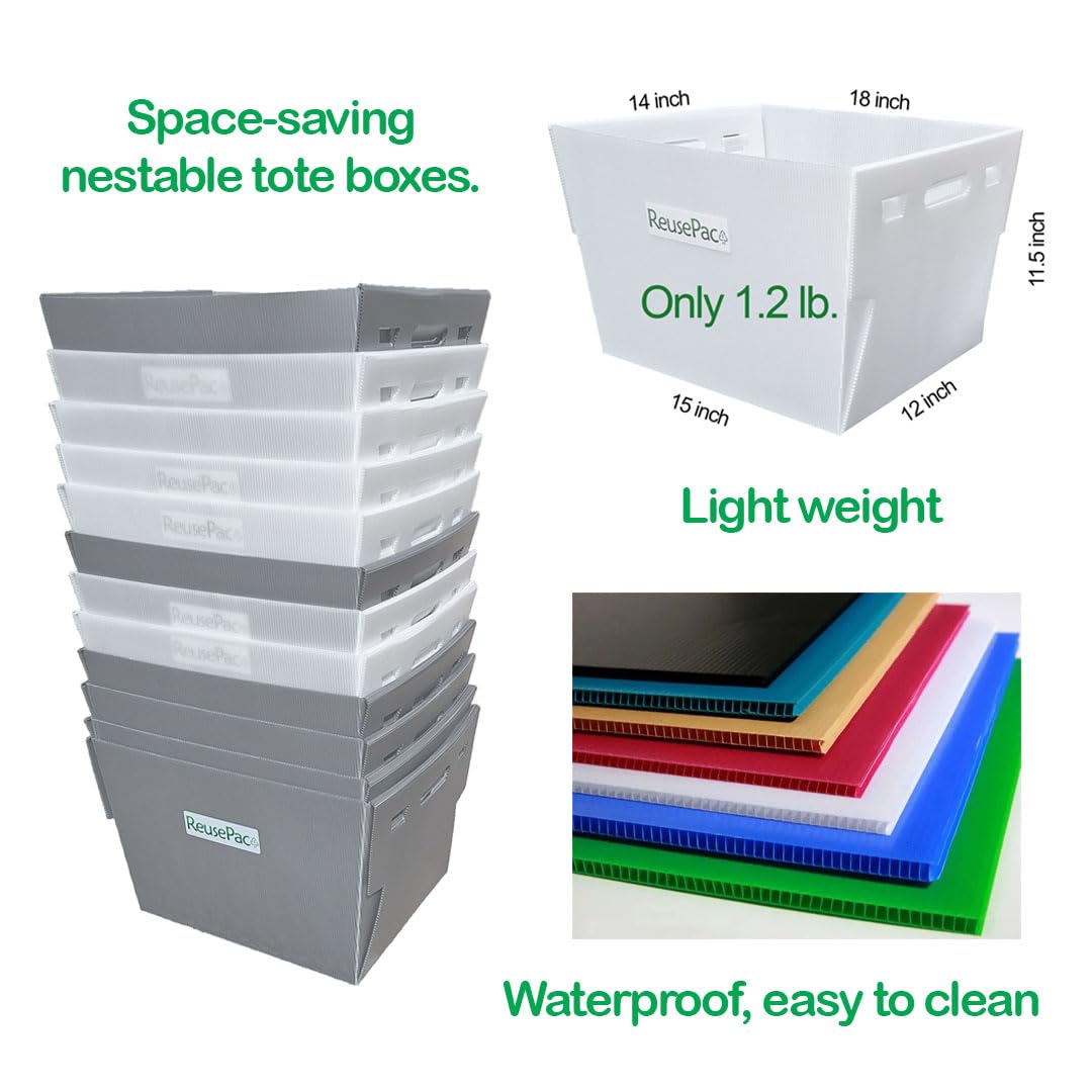 REUSEPAC Postal Mail Tote Nestable Box, Storage Bin Container, Laundry Basket for Home and Business, Corrugated Plastic, Lightweight, Heavy Duty, Foldable,10 Gal (nWhite 4 Pack)