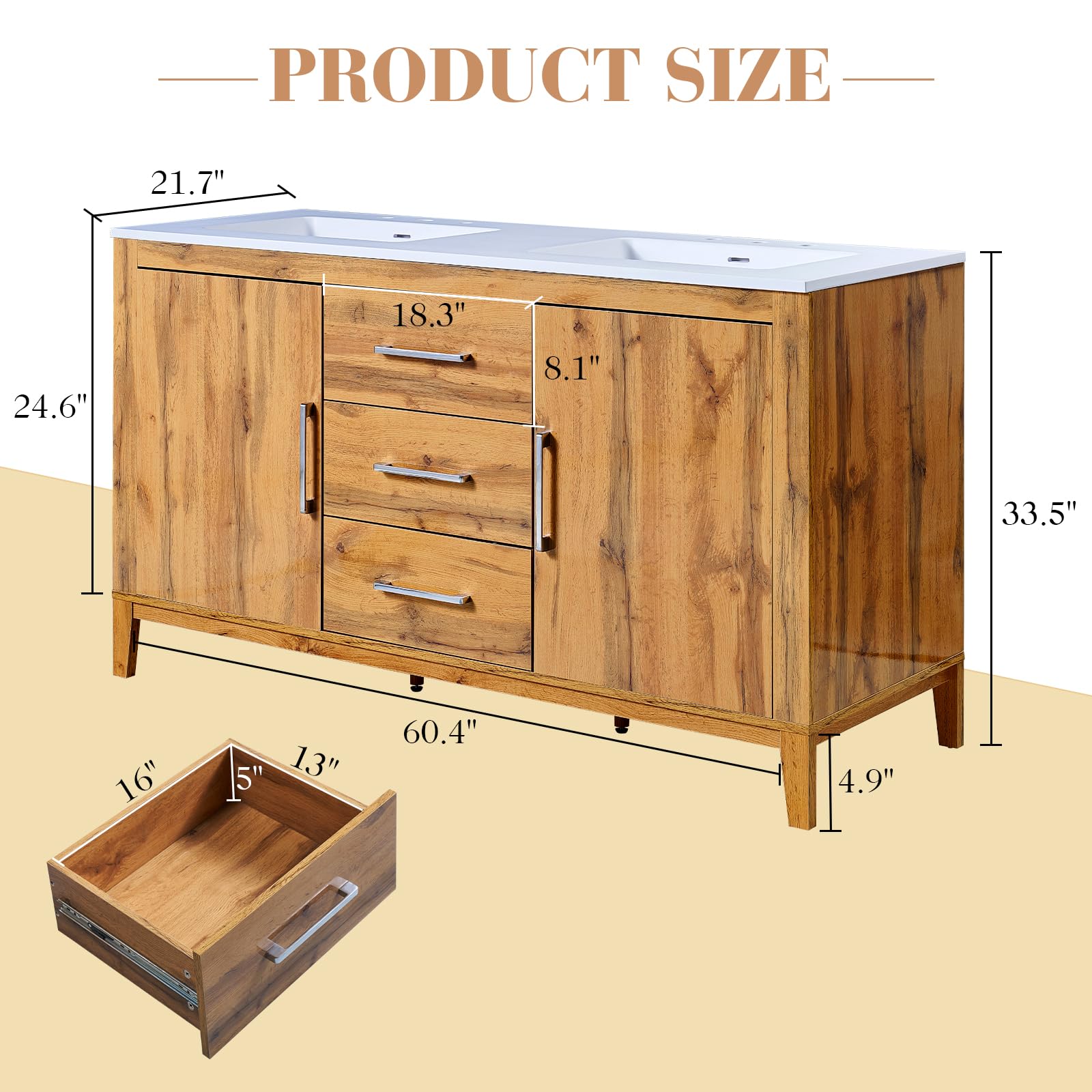 LUXOAK High Gloss 60" Bathroom Double Vanity with Sink, Wood Grains Bathroom Cabinet with Storage & Aluminum Handles & Soft Closing Doors, Retro, Yellow Oak