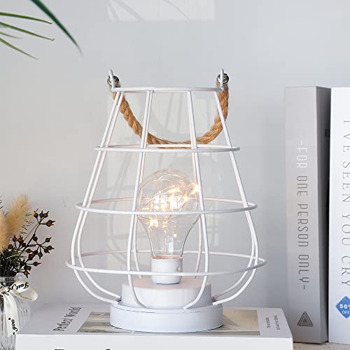JHY DESIGN Decorative Cage Bulb Lamp Battery Powered Lights 8.5" Tall Cordless Accent Light with Edsion Style Bulb Great for Weddings Parties Patio Events for Indoors Outdoors(White)