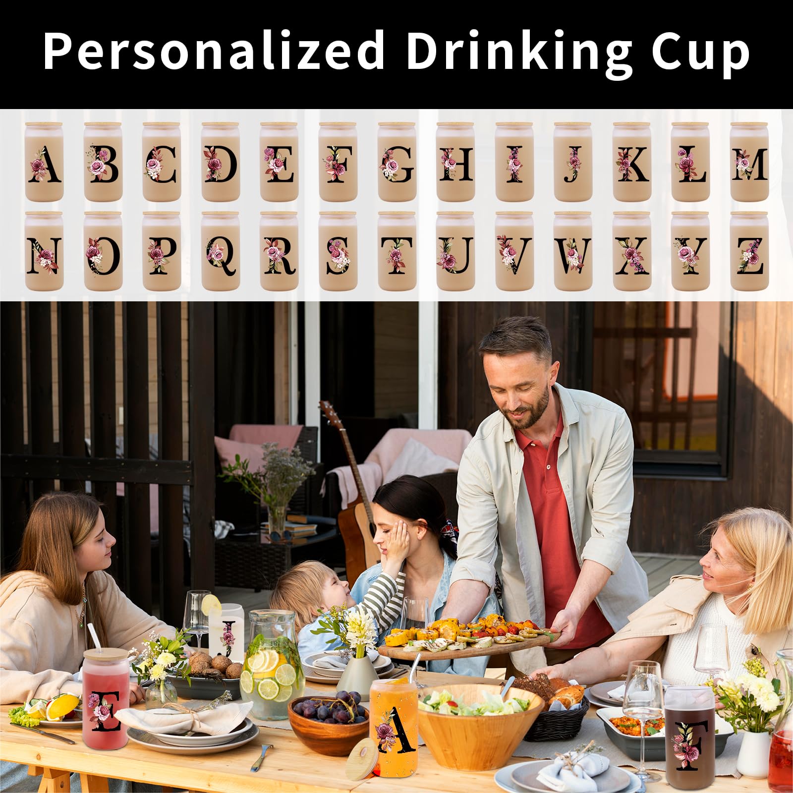 Monogrammed Glass Drinking Cup With Bamboo Lid Straw Customized Iced Coffee Tumbler 16oz Clear Mason Jar Beer Water Smoothie Cocktail Accessories Cool Cute Mug Gift Vasos De Vidrio Con Tapa Popote,A