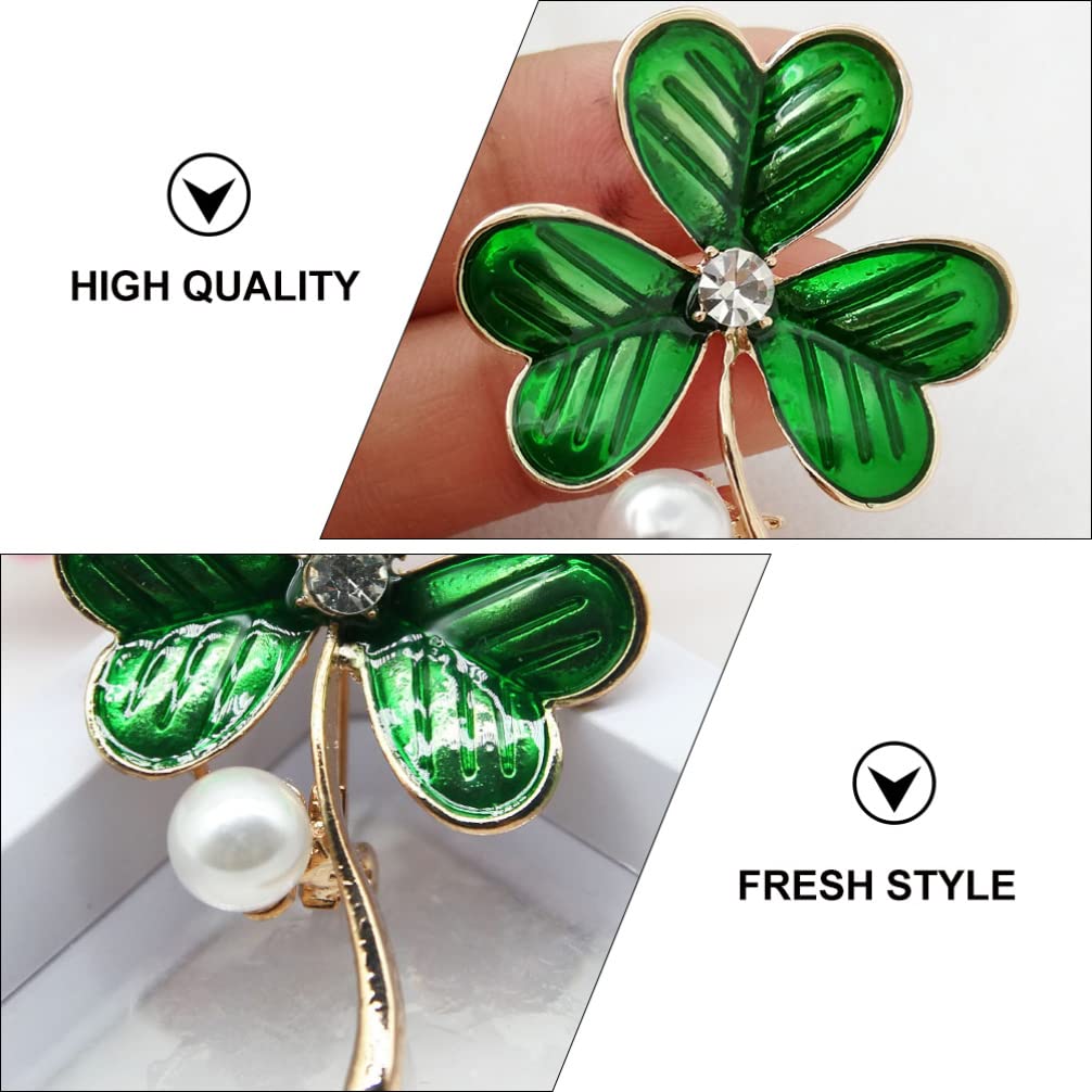 Generic Green Four Leaf Clover Pin St Patricks Day Shamrock Brooch Pin Pearl Enamel Brooch Breastpin Irish Jewelry for Party Accessory