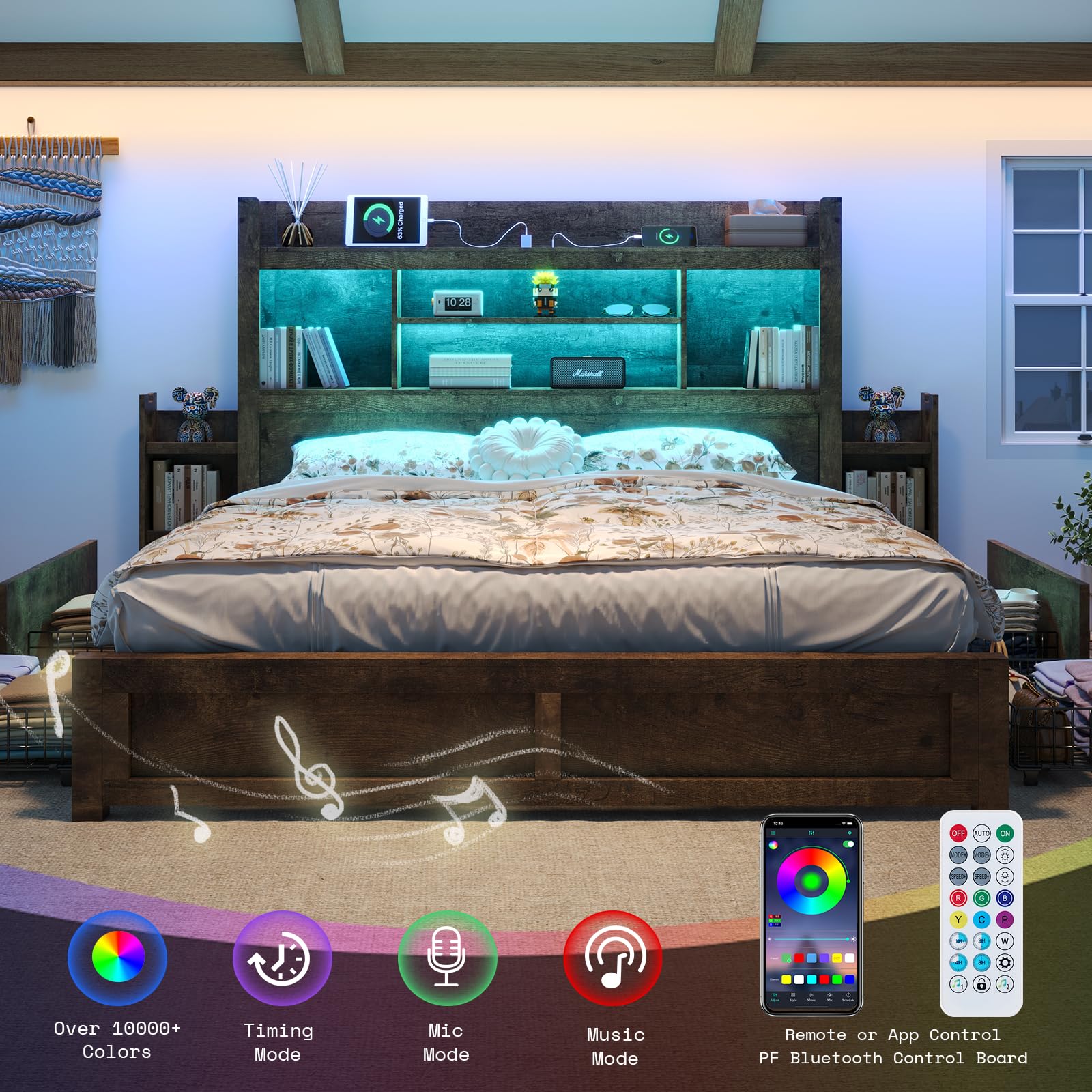 LUXOAK King Bed Frame with 49.6" Bookcase Headboard & 2 Bedside Stoage Racks & 4 Drawers, Farmhouse Wood Bed Frame with RGB LED & Charging Station, No Box Spring Needed, Rustic Brown