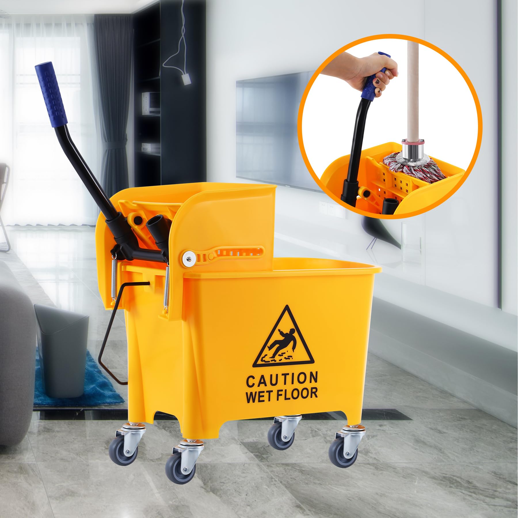 Ridgeyard Side Press Mop Bucket with Wringer and 4 Non-Marking Swivel Casters 20L Capacity for Home Use 41x26.5x40cm (Yellow)