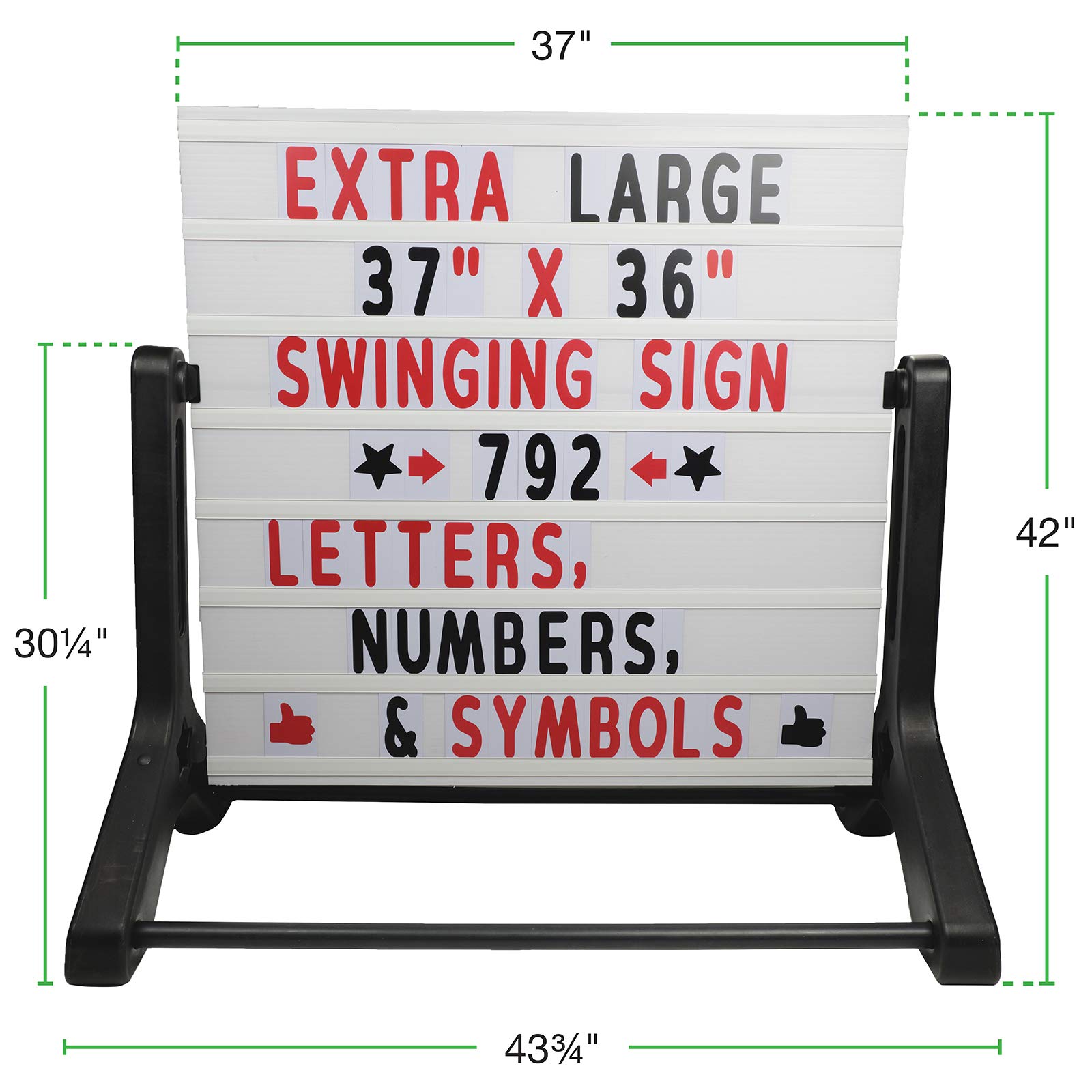 Excello Global Products Swinging Changable Message Sidewalk Sign: 37" x 36" Sign with 792 Pre-Cut Double Sided Letters and Storage Box. Includes Black Sign Board & 4 Liquid Chalkboard & Letter Board