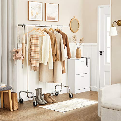 SONGMICS Clothes Rack and Garment Rack on Wheels Bundle, Heavy Duty Clothing Racks, Steel, Extendable Rail, Storage Shelf, Black and Chrome UHSR25BK and UHSR11S