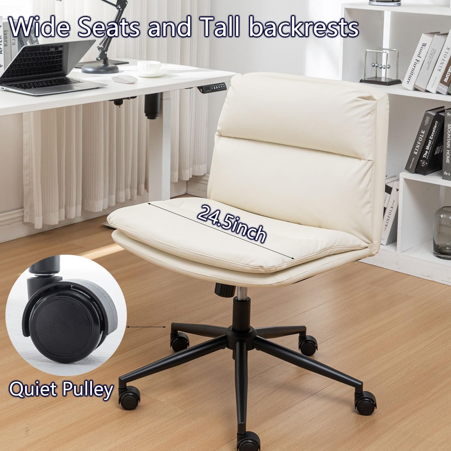 Riknuxi Criss Cross Chair with Wheels, Ergonomic Home Office Desk Chairs with Black Base, Modern Vanity Chair for Home, Office, Make Up (White)