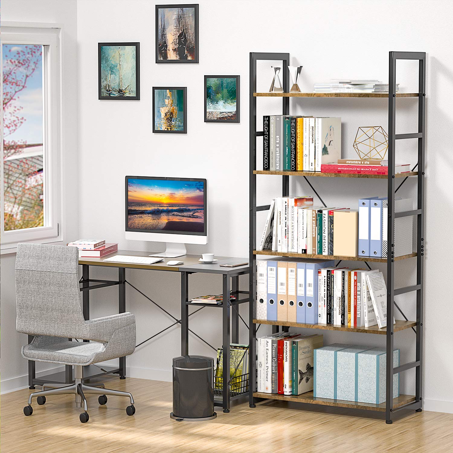 Foxemart Bookshelf, 5 Tier Shelf Bookcase Modern Standing Rack, Wooden and Metal Open Shelves Organizer for Home Office Living Room, Rustic Brown, Large