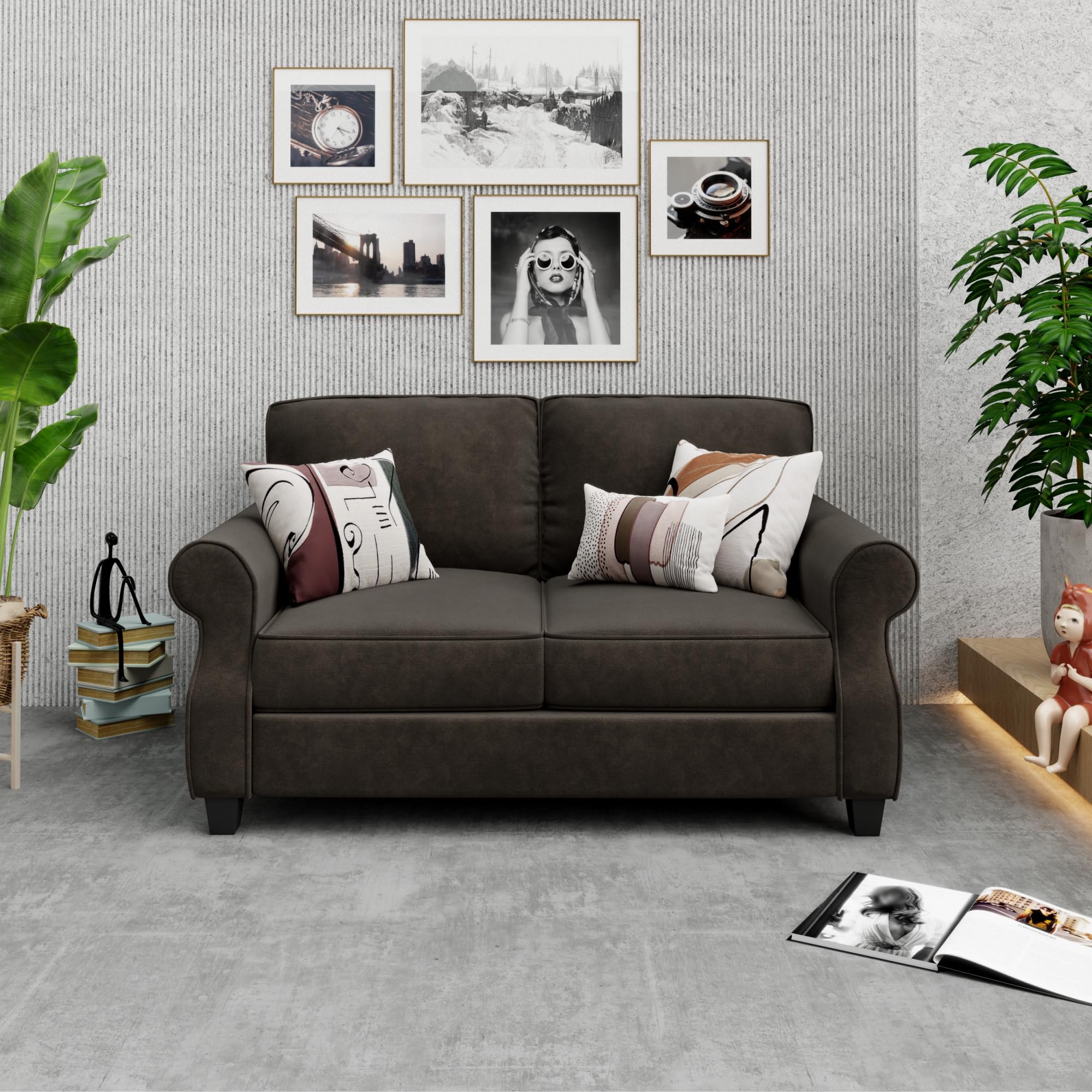 Loveseat Sofa - 56" Small Couch Mid Century Modern Flannel Love Sofas Small Space Saving Upholstered 2 Seater Love Seat Couches for Living Room Bedroom Home Office Apartment and Small Space,Brown