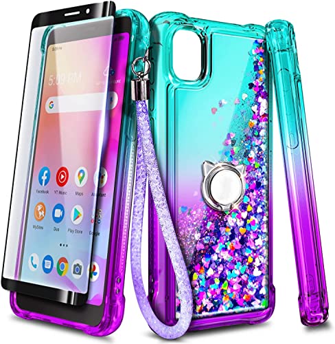 NZND Compatible with TCL 30Z (T602DL) Case, TCL 30 LE with Tempered Glass Screen Protector/Ring Holder/Wrist Strap, Glitter Liquid Floating Waterfall Durable Women Girls Kids Cute Case (Aqua/Purple)