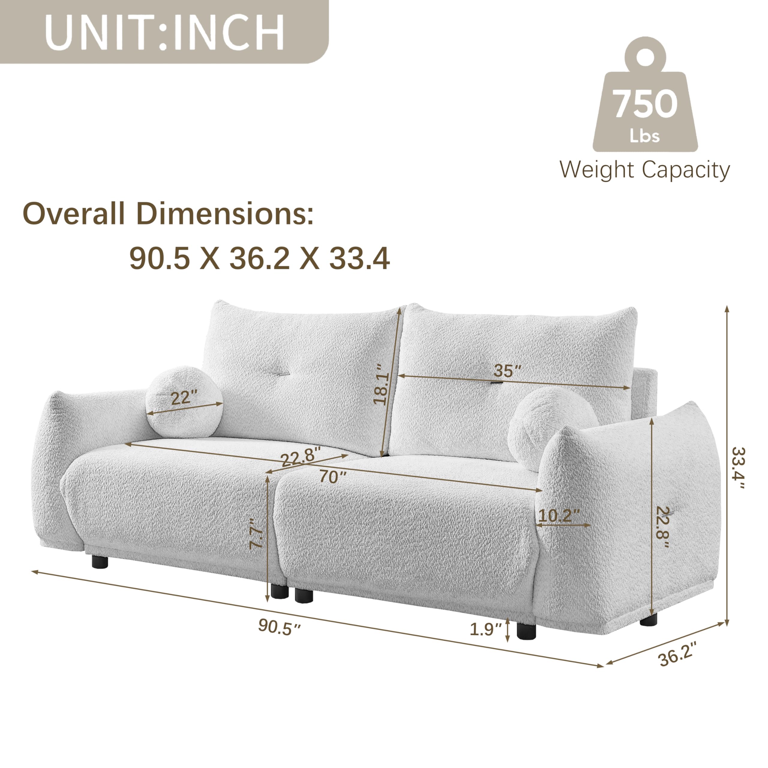 JUSTONE 84" Luxury Modern Curved Sofa,Soft Comfy Upholstered Couches with 5 Decorative Throw Pillows,Loveseat Sofa & Couch for LivingRoom/Office/Apartment(Yellow)