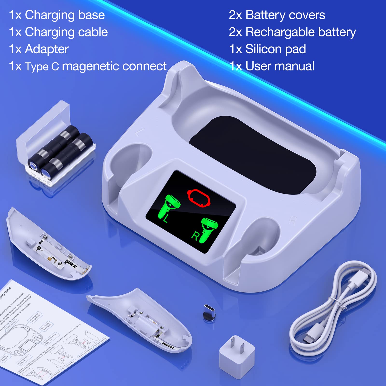 Kawaye Charging Station for Meta Quest 2, Charging Station for Oculus Quest 2 Headset and Controller, Fast Charging Dock with 2 Rechargeable Batteries/USB-C Charging Port/Charging Adapter/Cable