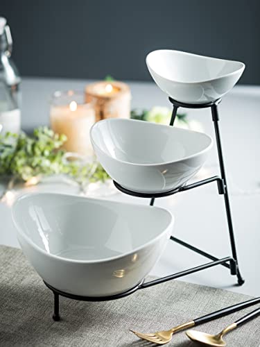 Miamolo Triple Ceramic Serving Bowl Set with Stand - White Serving Tiered Stand,Set of 3 Oval Bowl Set Perfect for Table Decoration Set Party Chip Rack Display Salad Bar Serving Set - Black Stand