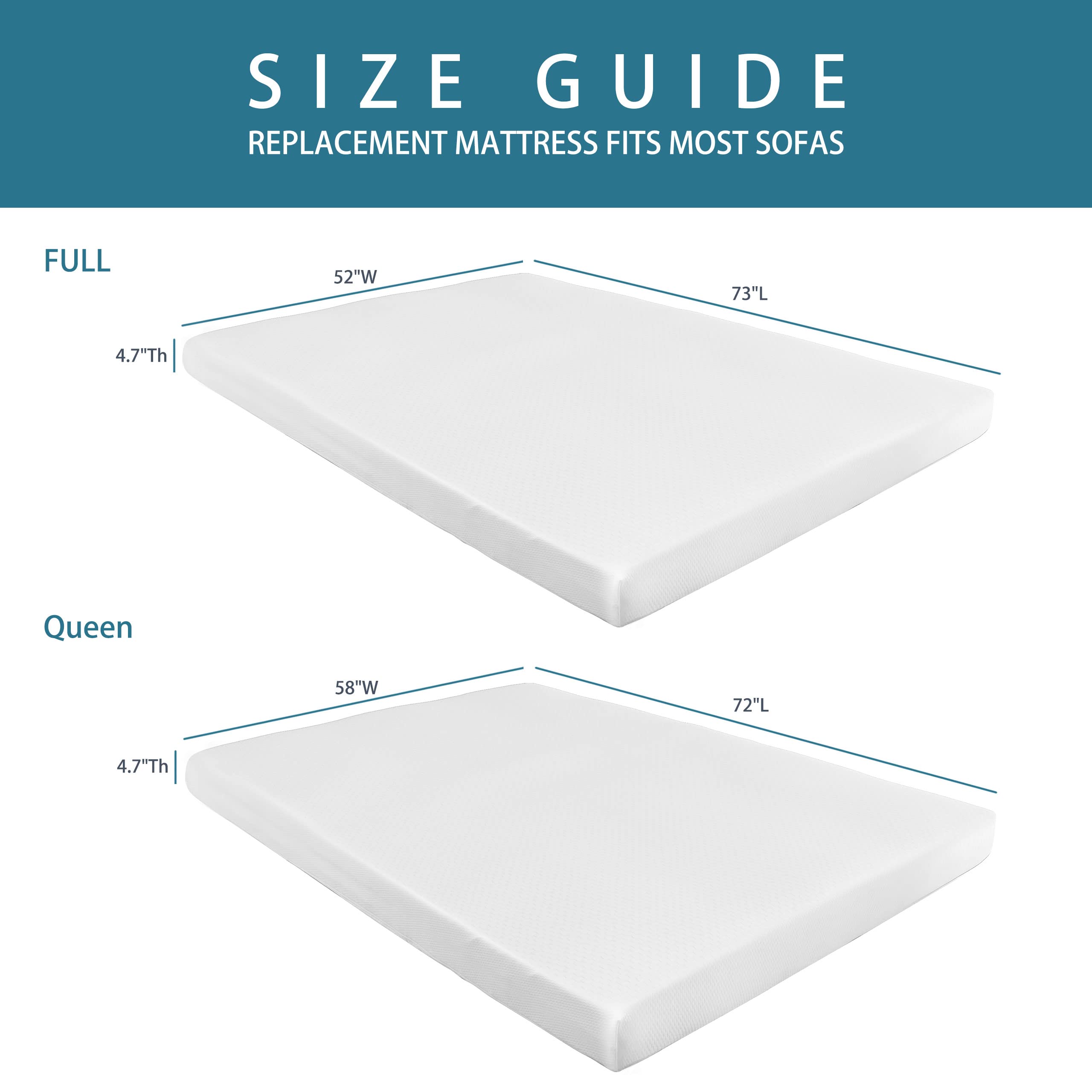 Rinkai-S 4.7 Inch Memory Foam Mattress Replacement with Washable Cover for Sleeper Sofa and Couch Beds, Queen Size, CertiPUR-US Certified (Sofa Not Included)