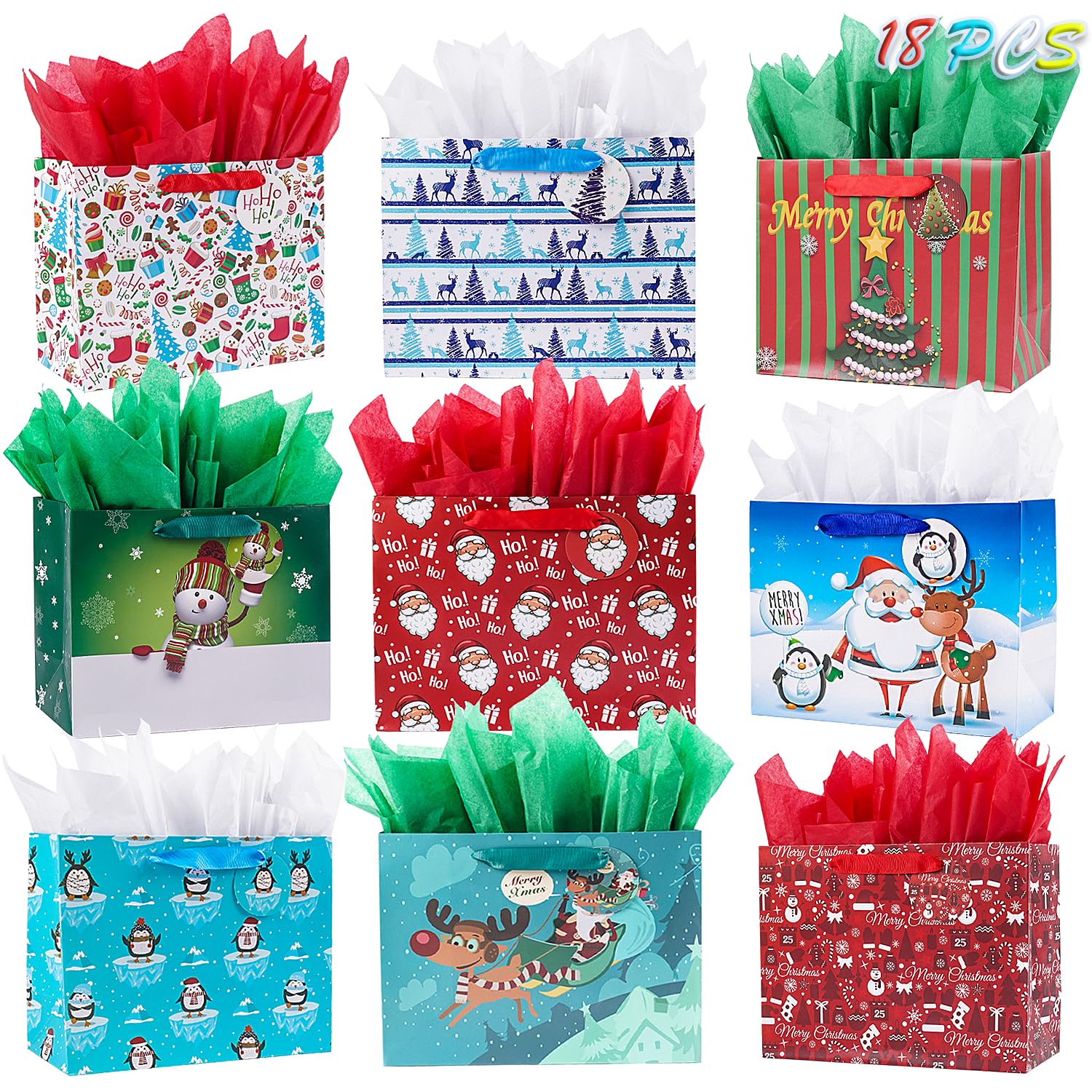 Elephant-package 18 Pack Christmas Gift Paper Bags with Tissue Papers Bulk, Medium Christmas Gift Bags Assorted Desgins with Handles and Tags Christmas Xmas Holiday Party Supplies.