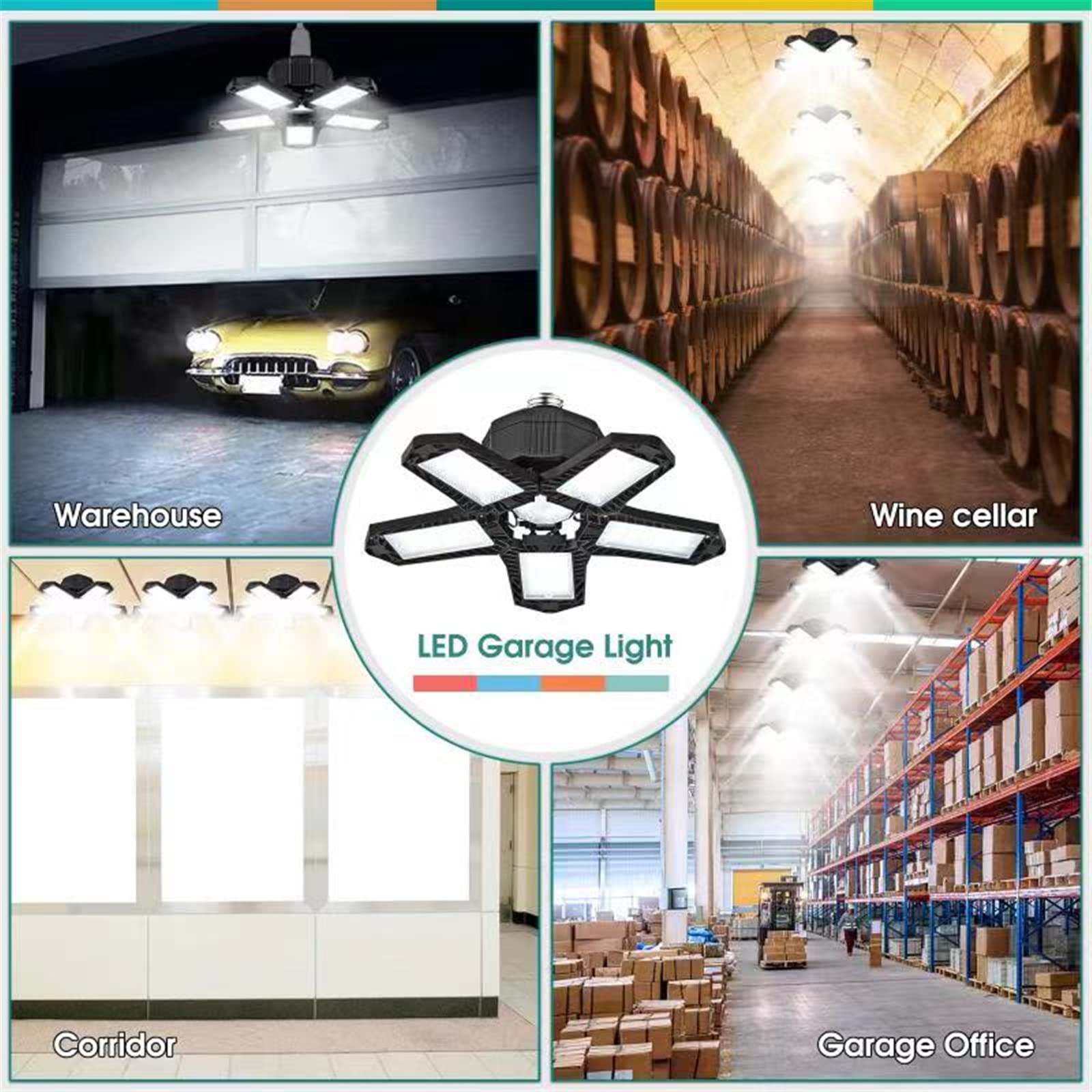 GDNZDUTS 2-Pack LED Garage Lights, 12000LM-6500K LED Shop Garage Ceiling Light, 120W Garage Lighting E26/E27 Deformable Adjustable Panels, Five Glow Light for Garage, Basement, Workshop(NO Sensor)